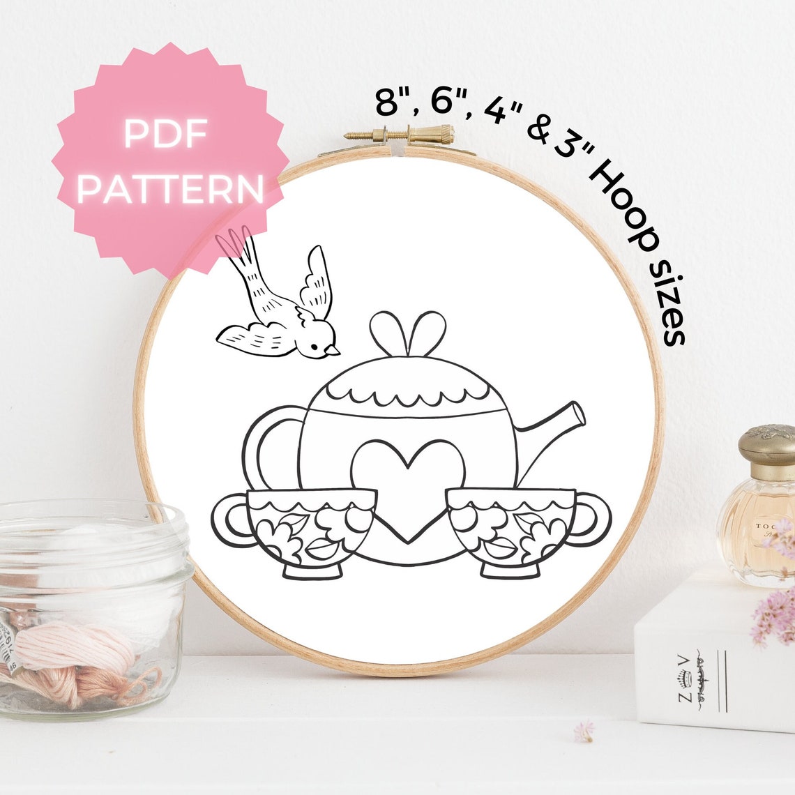Tea Time Hand Embroidery Pattern, Floral Tea Cups Pattern, Tea Cup ...