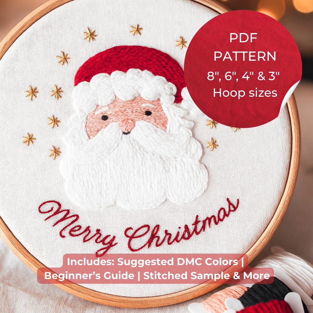 Santa Face Embroidery Pattern PDF | Merry Christmas Hand Embroidery ...