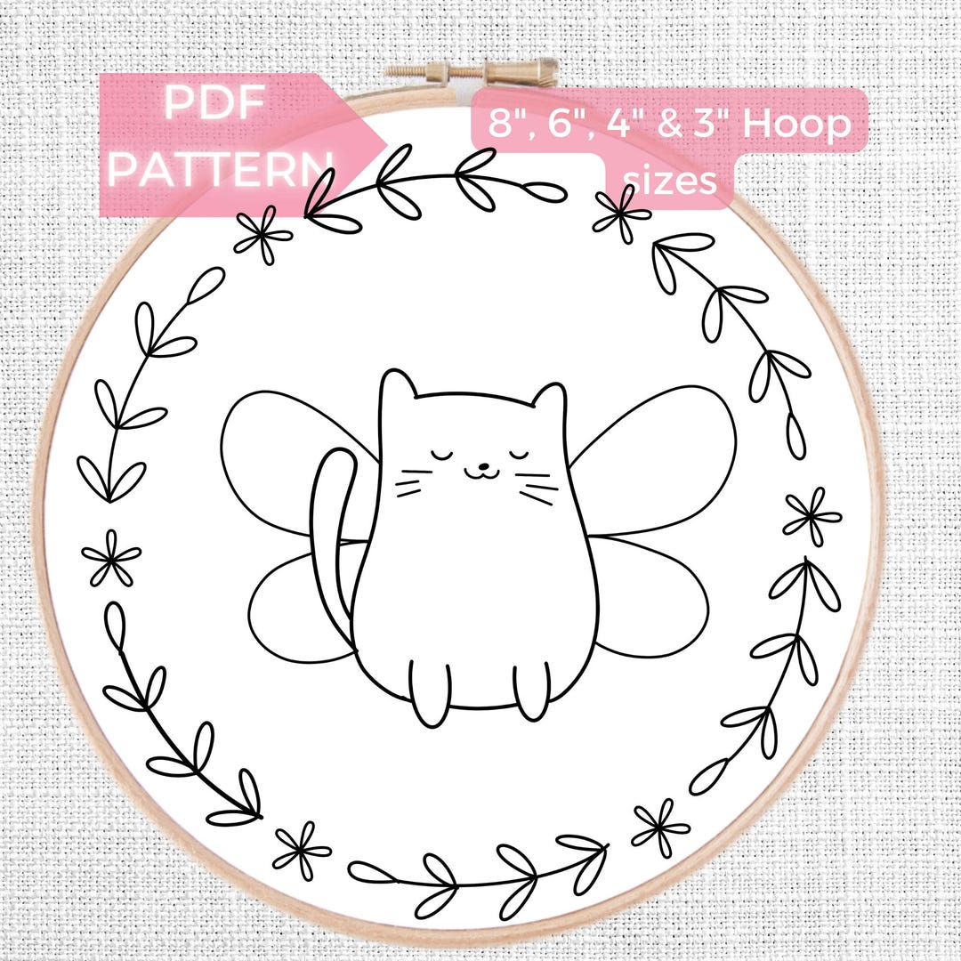 Fairy Cat Embroidery Pattern PDF - Cute Cat Hand Embroidery Design for ...