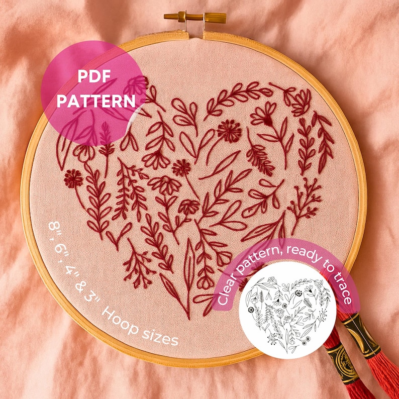 Modern Floral Heart Embroidery Pattern PDF – Easy Hand Embroidery ...