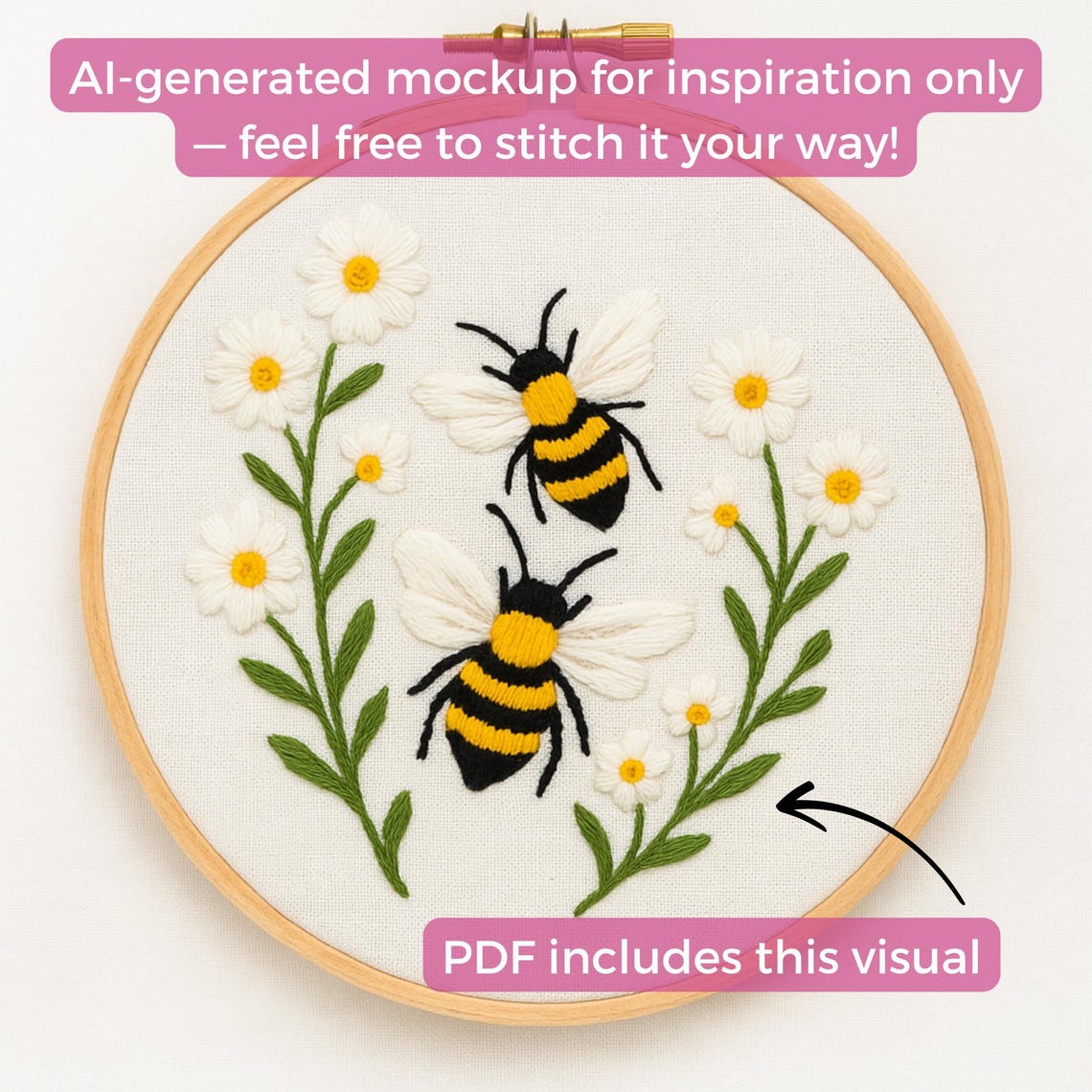 Floral Bees - Easy PDF Embroidery Pattern Design - Instant Download, 8 ...