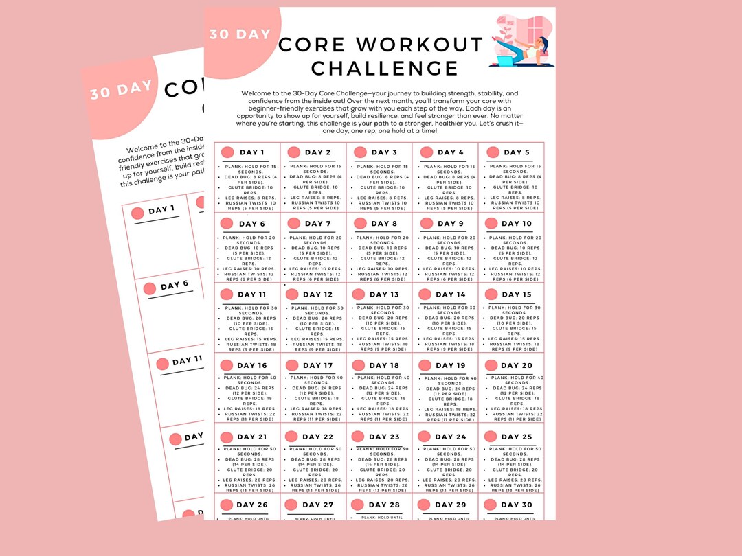 30 Day Core & Abs Workout Challenge Printable | Core Exercise | Core ...