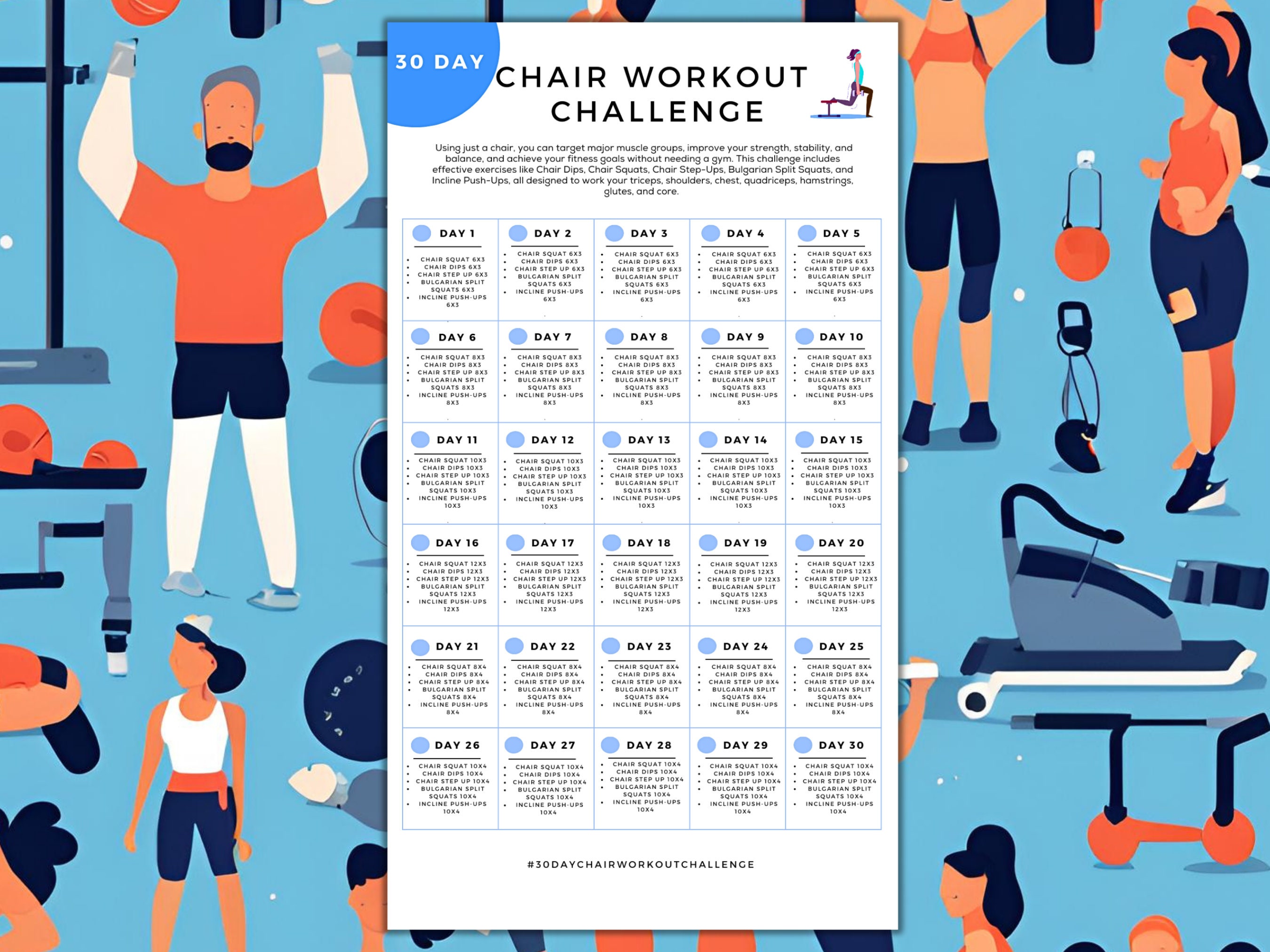 30 Day Chair Workout Challenge Printable | Home Workout | 10 Minute ...