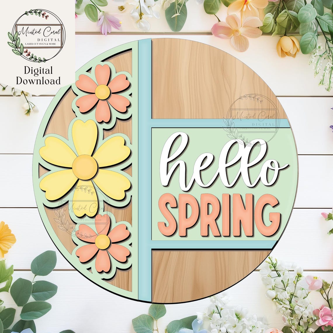 Hello Spring Floral Sign SVG, Digital Download, Flower Door Hanger ...