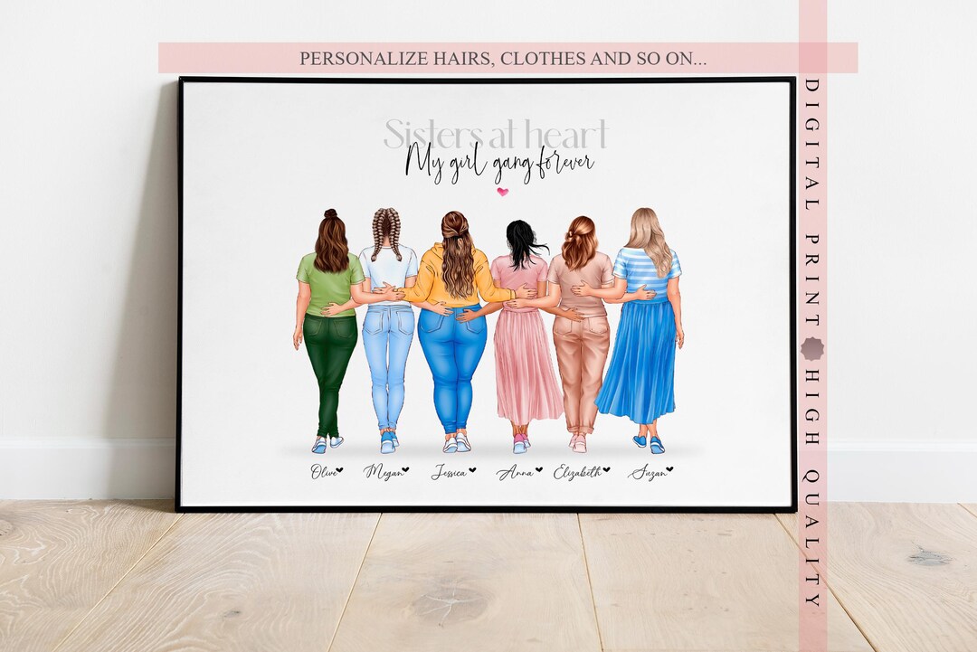 Personalized Sisters Print, Custom Friends Portrait, Girl Gang Art ...