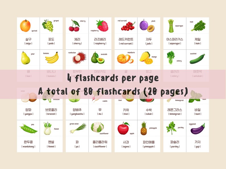 Korean English Flashcards, Fruit and Vegetable Cards, Learning Korean ...