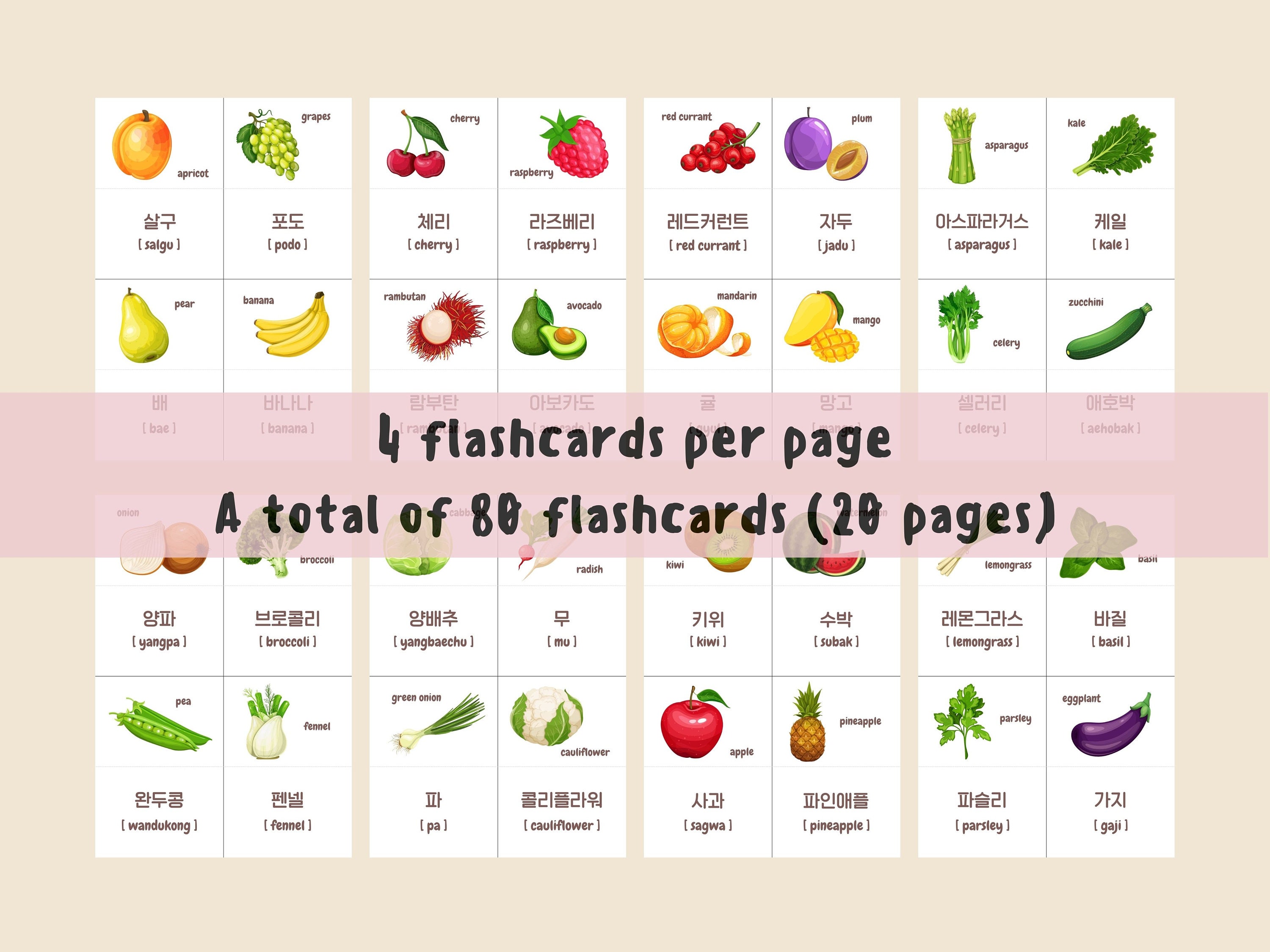 Korean English Flashcards, Fruit and Vegetable Cards, Learning Korean ...