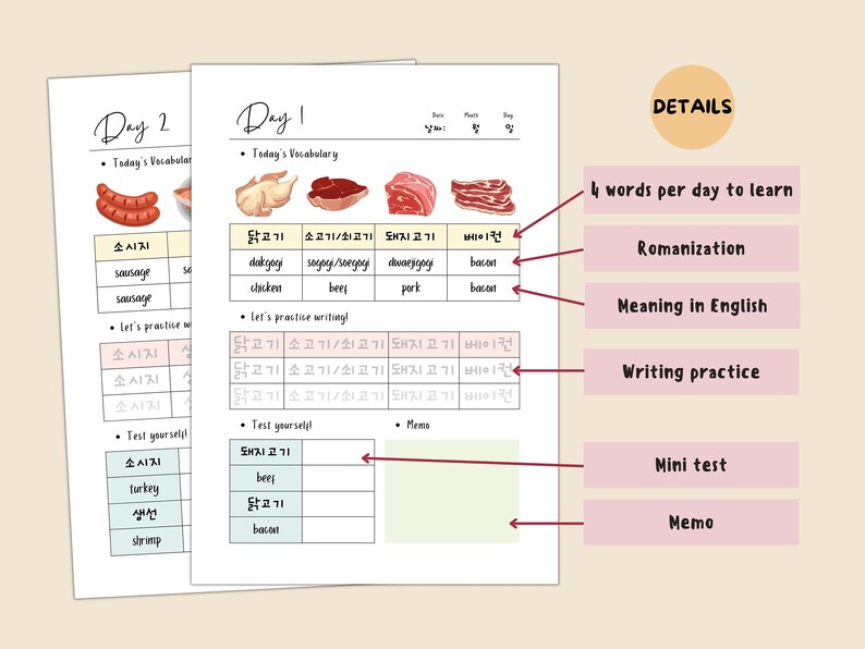 Learning Korean Vocabulary Worksheet, Korean Learn Challenge, Basic ...