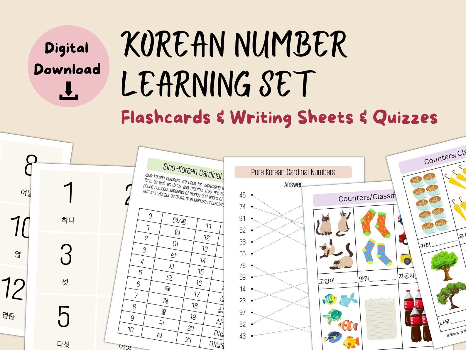 Korean Number Learning Set, Korean Worksheets, Hangul Workbook, Korean ...