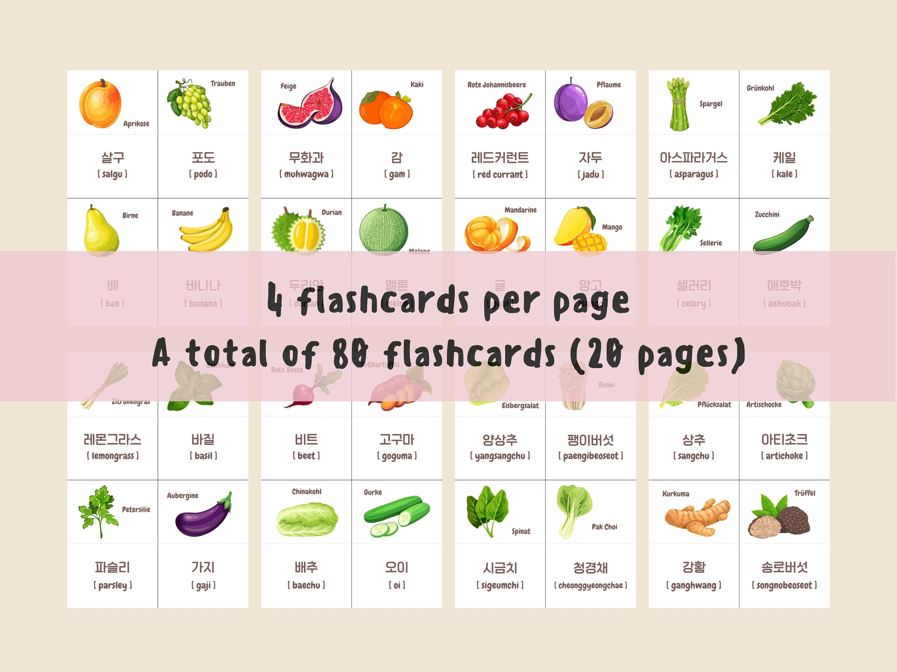 Korean German Flashcards, Digital Download Hangul Learning Cards, Fruit ...