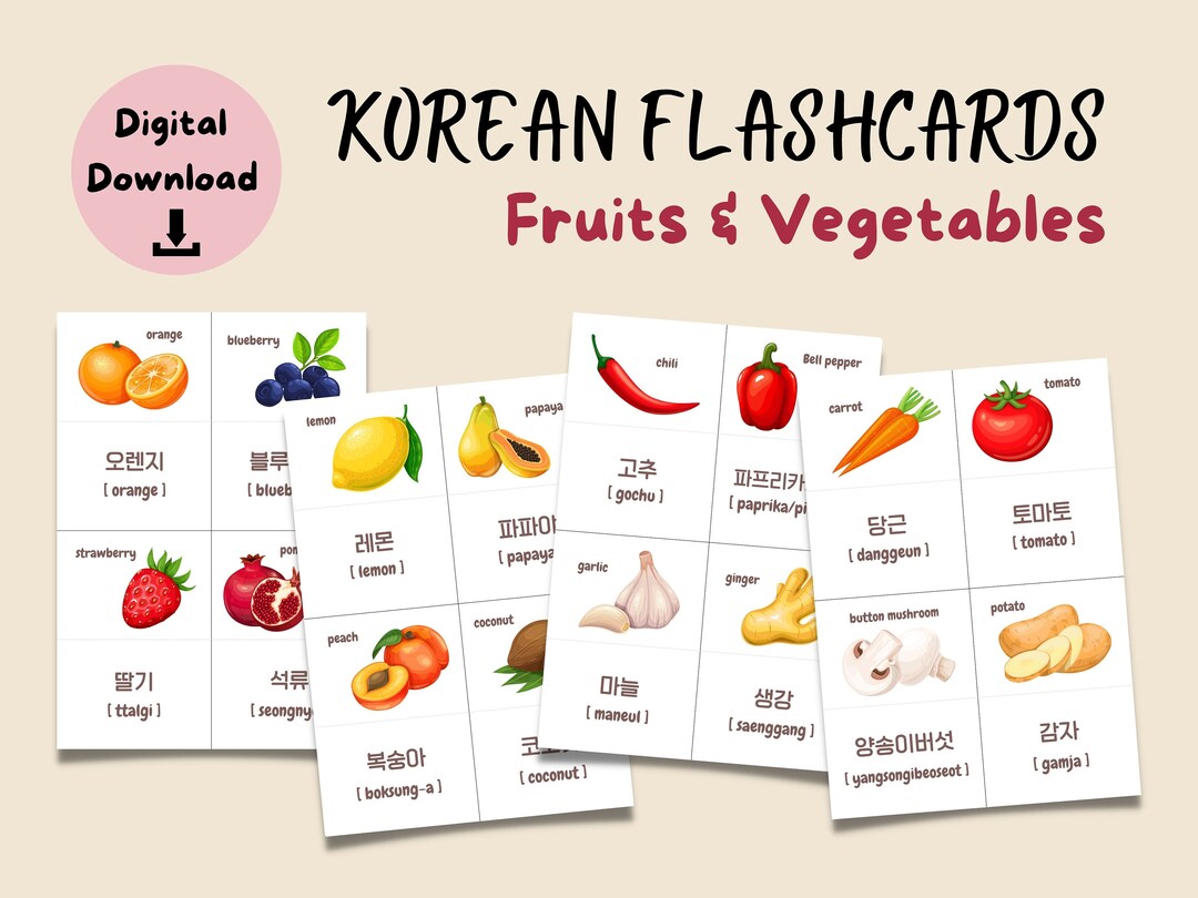 Korean English Flashcards, Fruit and Vegetable Cards, Learning Korean ...