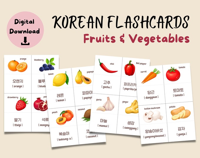Korean English Flashcards, Fruit and Vegetable Cards, Learning Korean ...