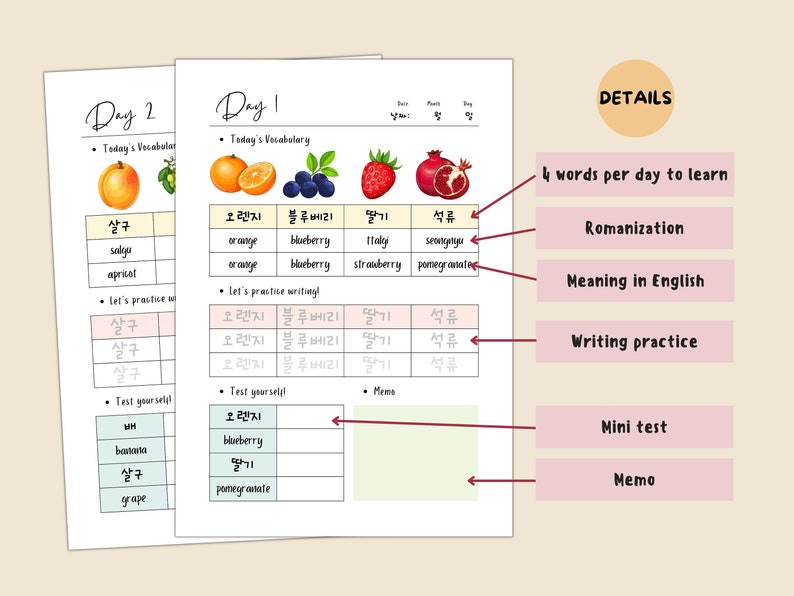 Learning Korean Vocabulary Worksheet, Korean Learn Challenge, Basic ...