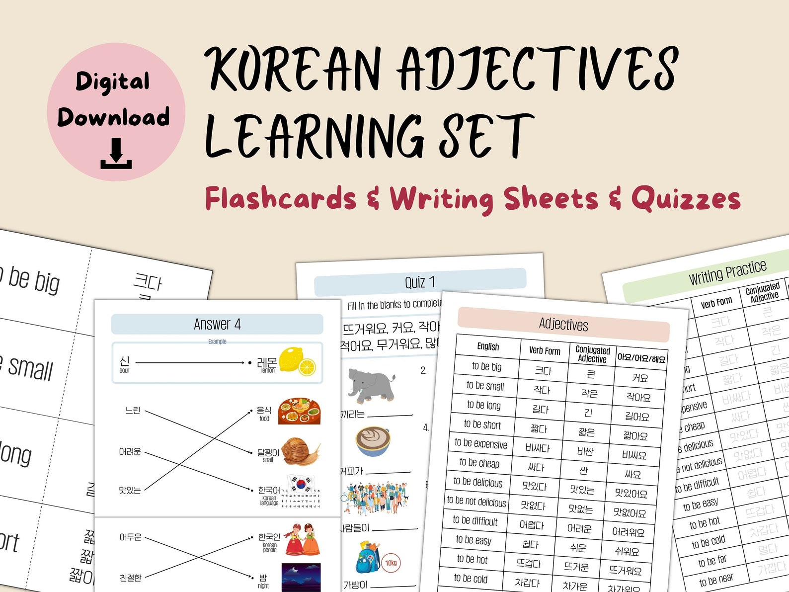 Korean Adjective Learning Sheets, Basic Korean Practice, Korean ...