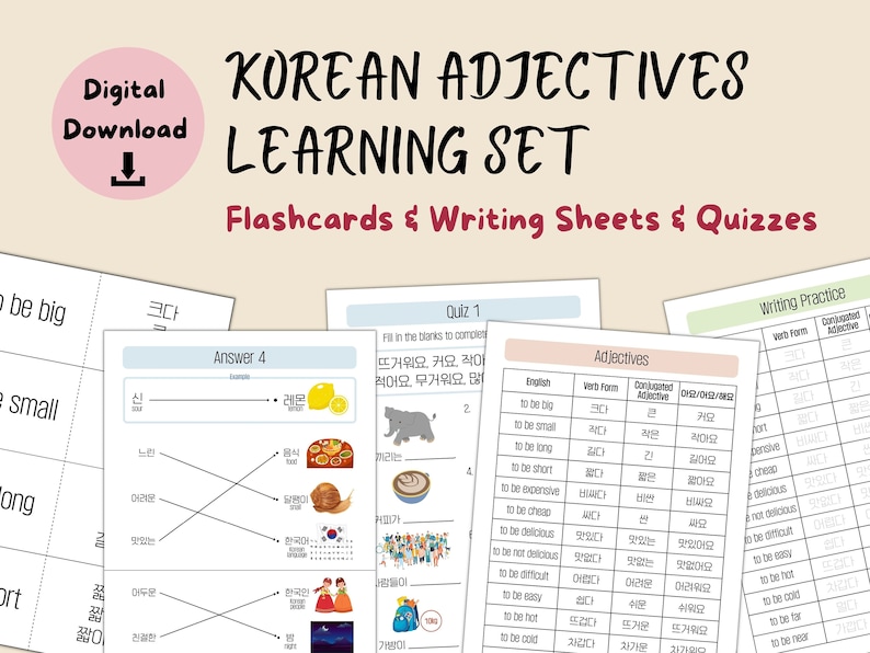 Korean Adjective Learning Sheets, Basic Korean Practice, Korean ...