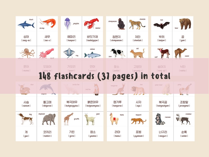 Korean Flashcards, Learning Korean, Basic Vocabulary, Animal Word Cards ...