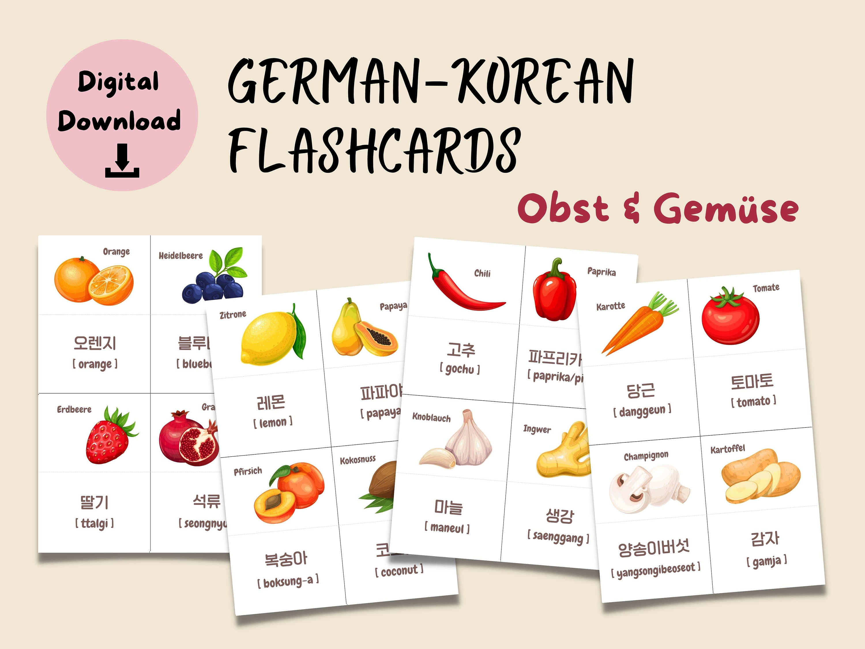 Korean German Flashcards, Digital Download Hangul Learning Cards, Fruit ...