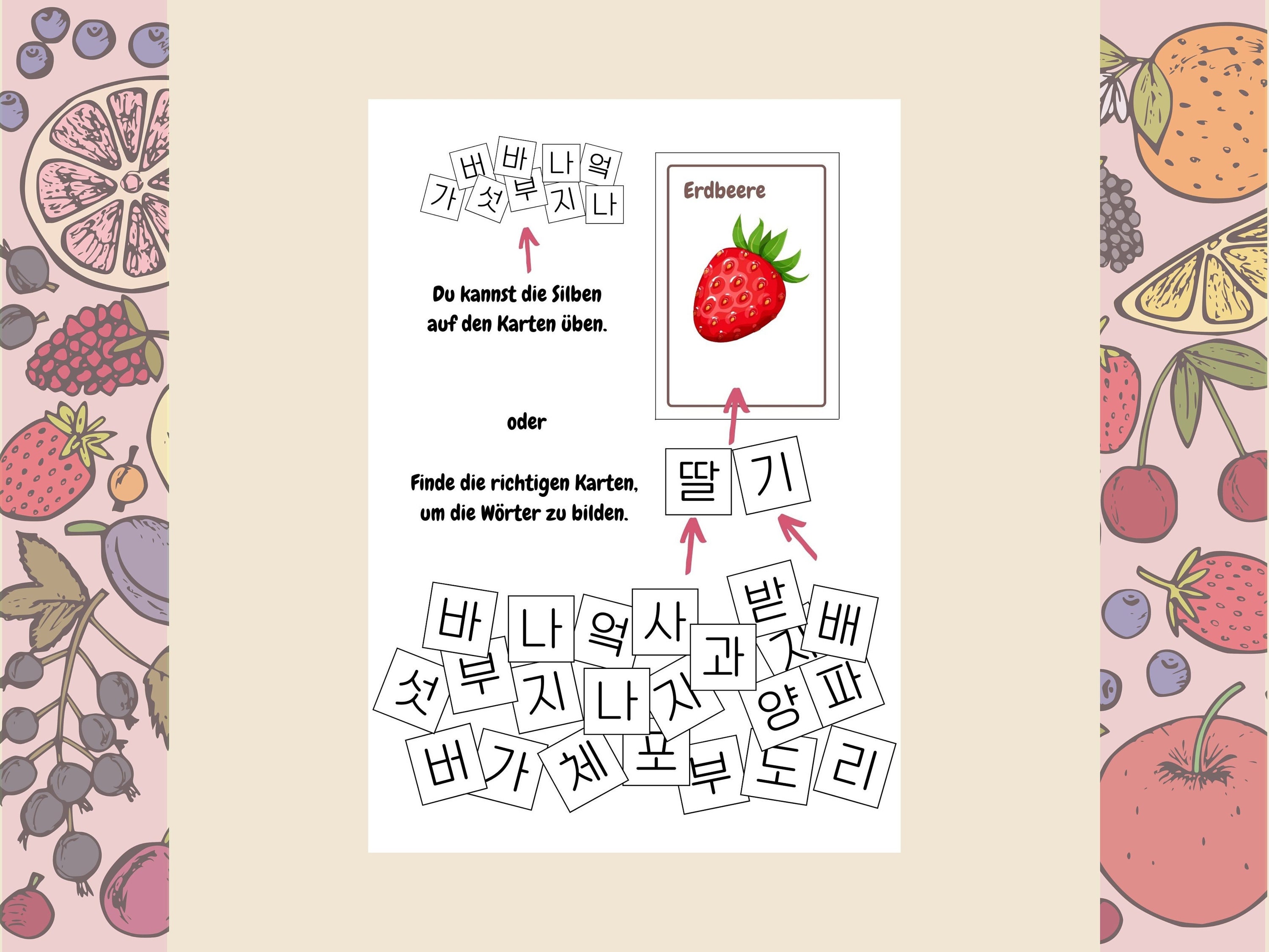 Korean German Flashcards, Digital Download Hangul Learning Cards, Fruit ...