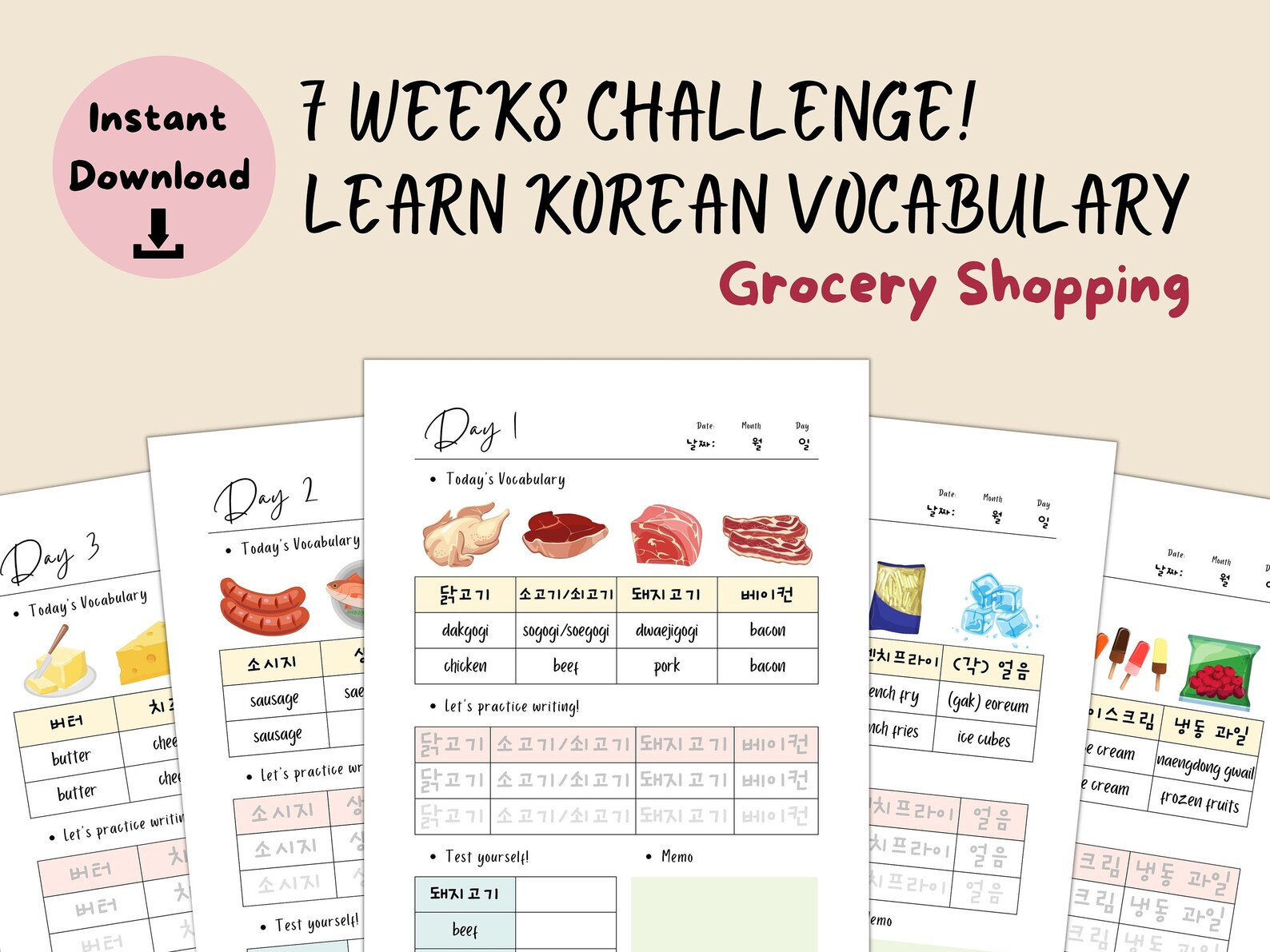 Learning Korean Vocabulary Worksheet, Korean Learn Challenge, Basic ...