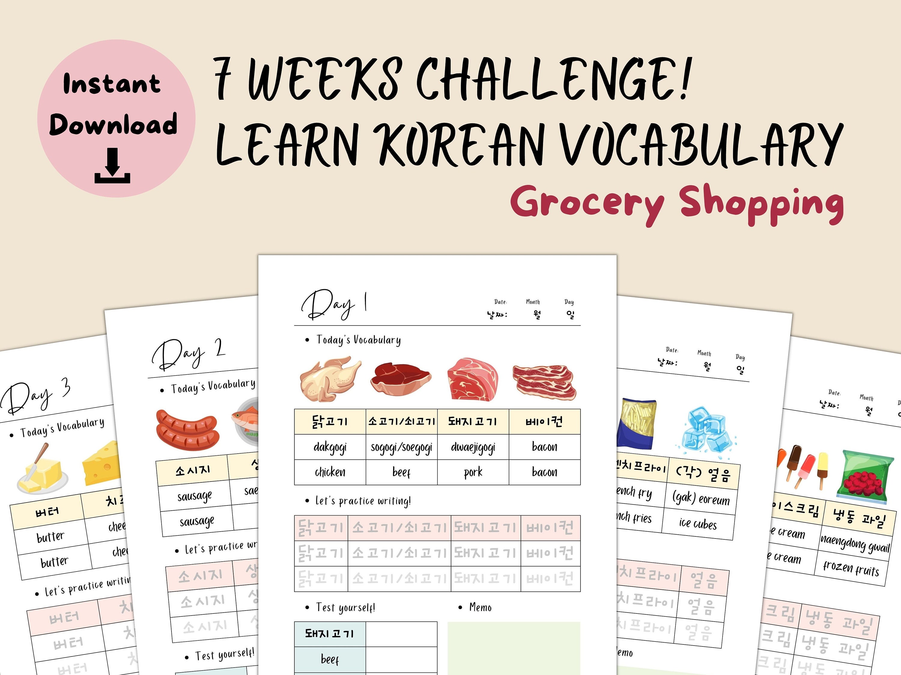 Learning Korean Vocabulary Worksheet, Korean Learn Challenge, Basic ...