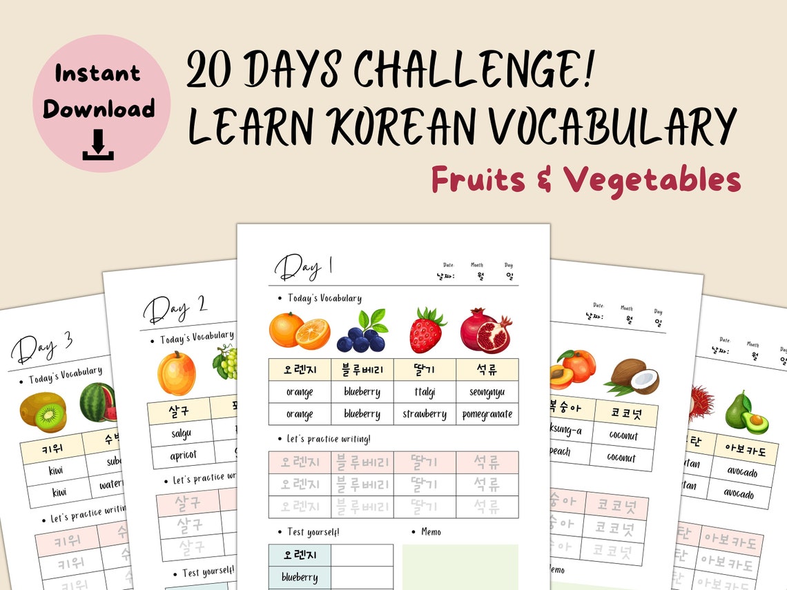Learning Korean Vocabulary Worksheet Korean Learn Challenge - Etsy