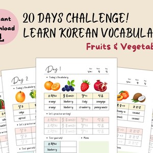 Learning Korean Vocabulary Worksheet, Korean Learn Challenge, Basic ...