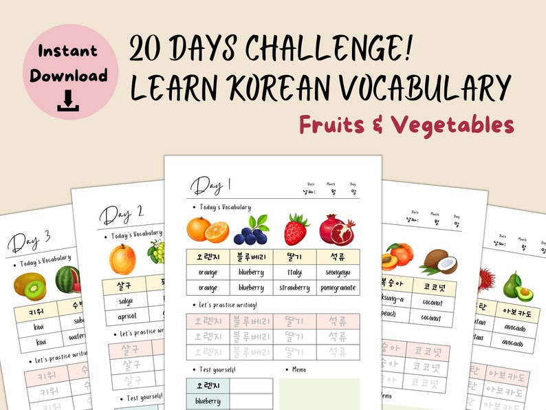Learning Korean Vocabulary Worksheet, Korean Learn Challenge, Basic ...