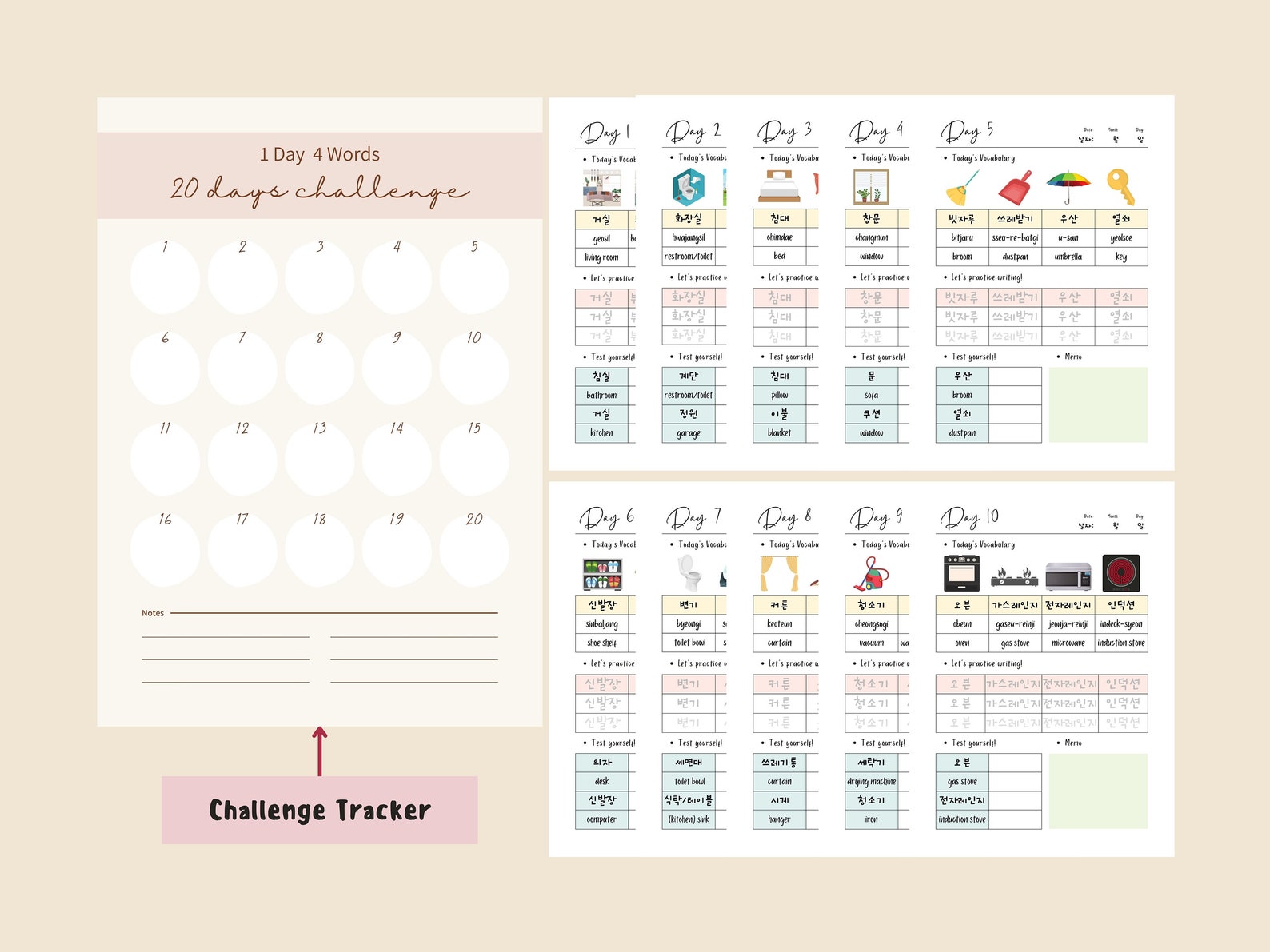Learning Korean Vocabulary Worksheet, Korean Language Learn Challenge ...