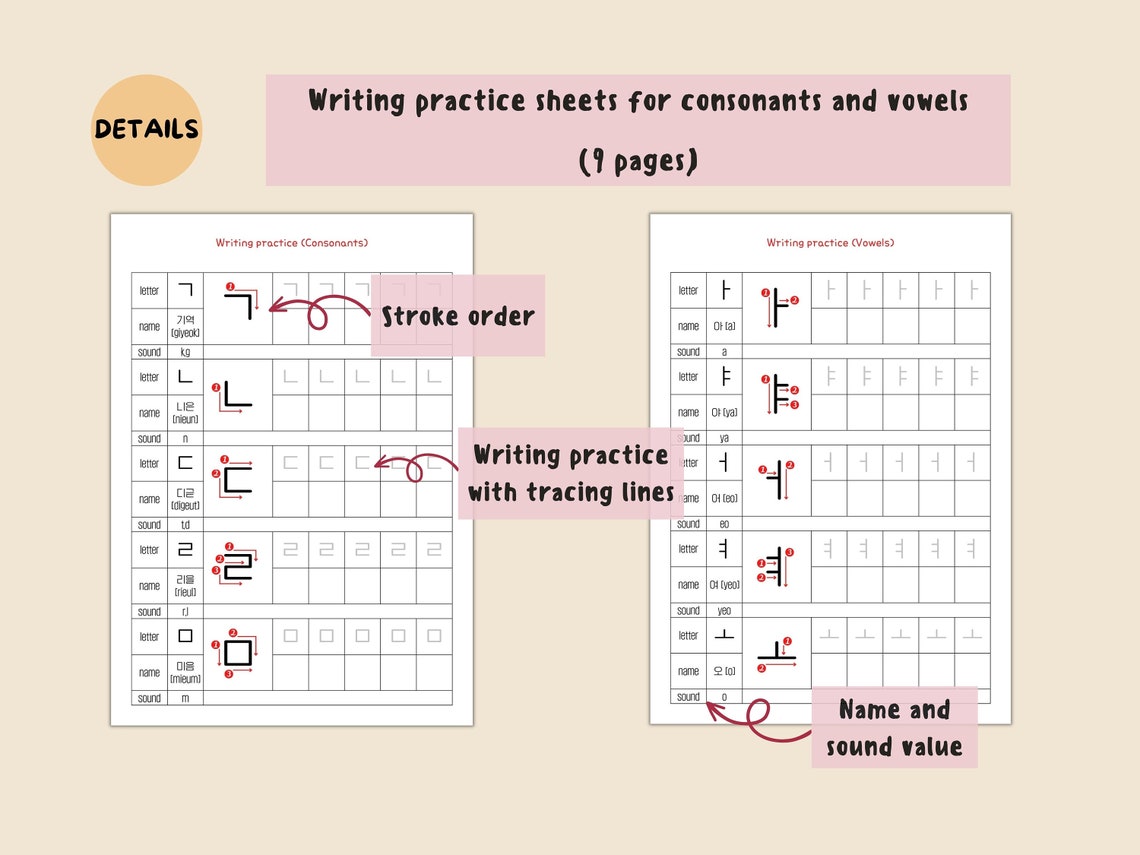 Korean Hangul Learning Sheets Hangeul for Beginners Hangul - Etsy