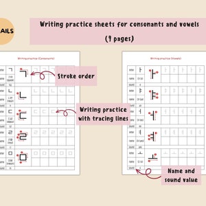 Korean Hangul Learning Sheets, Hangeul for Beginners, Hangul Practice ...