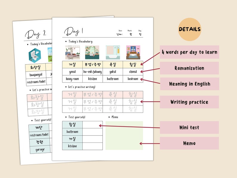 Learning Korean Vocabulary Worksheet, Korean Language Learn Challenge ...