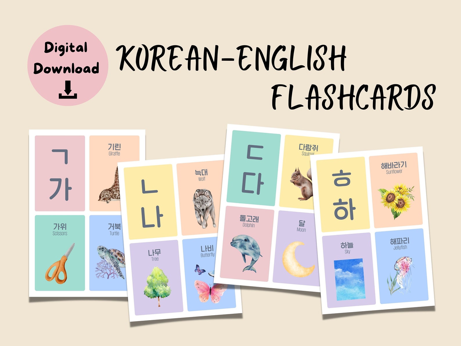Korean English Flashcard, Korean Vocabulary Flashcards, Hangul/hangeul ...