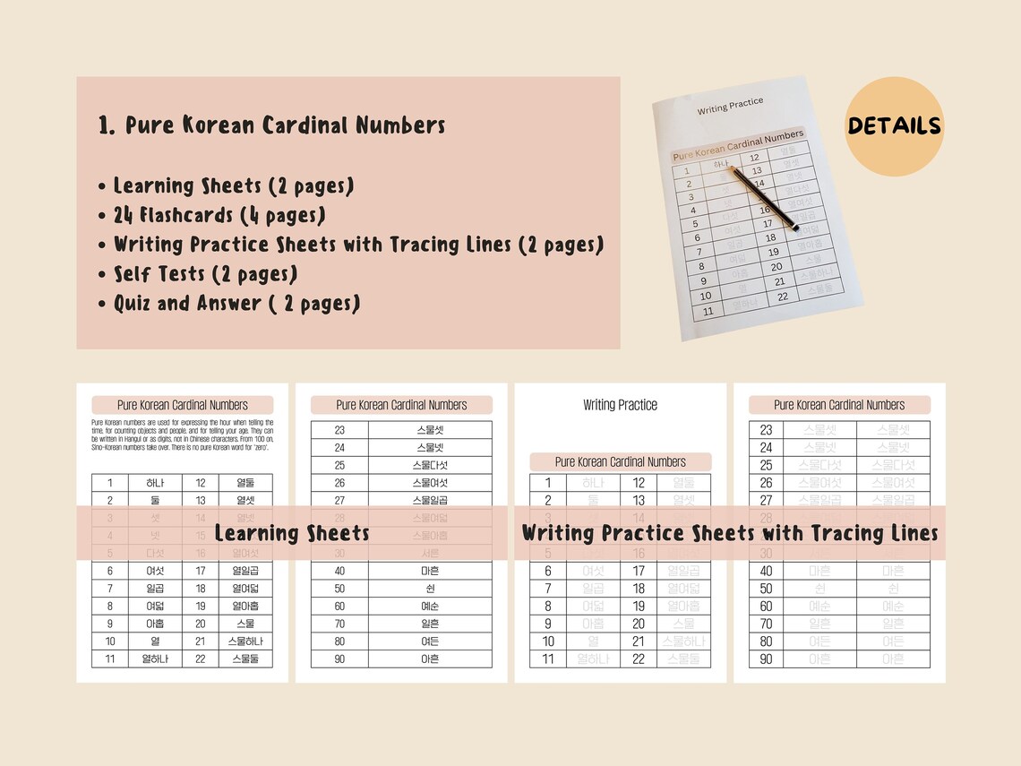 Korean Number Learning Set Korean Worksheets Hangul - Etsy