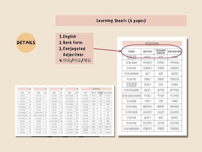 Korean Adjective Learning Sheets, Basic Korean Practice, Korean ...