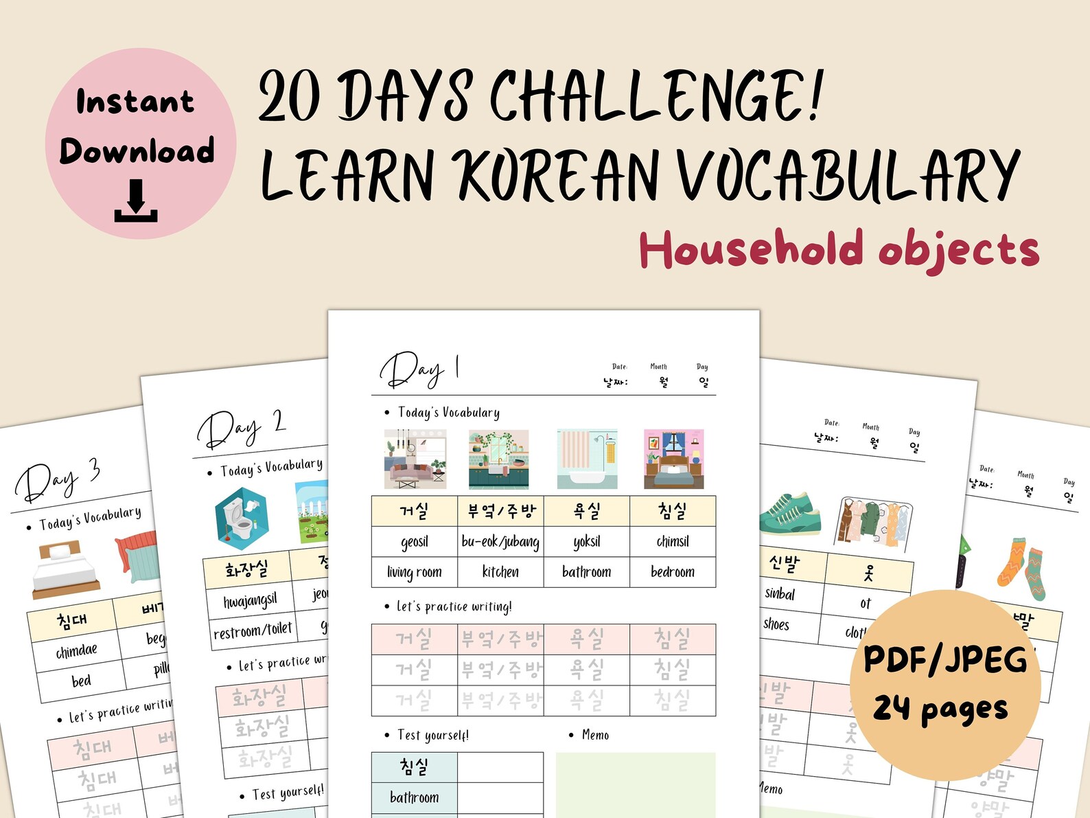 Learning Korean Vocabulary Worksheet, Korean Language Learn Challenge ...