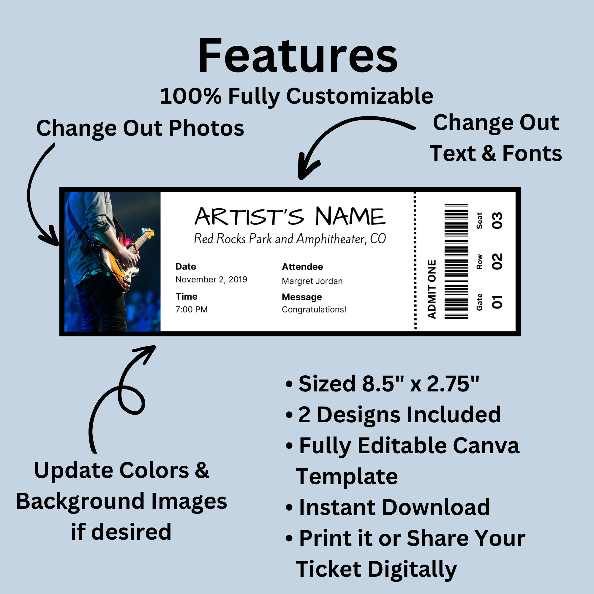 Customizable Concert Ticket Template - Editable Event Tickets on Canva ...
