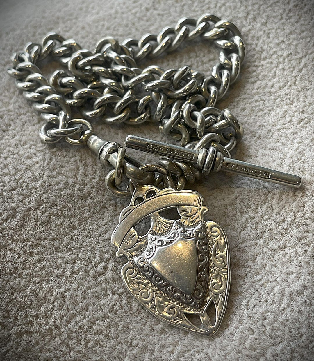 Vintage/antique Sterling Silver Watch Chain, Fob and Shield - Etsy