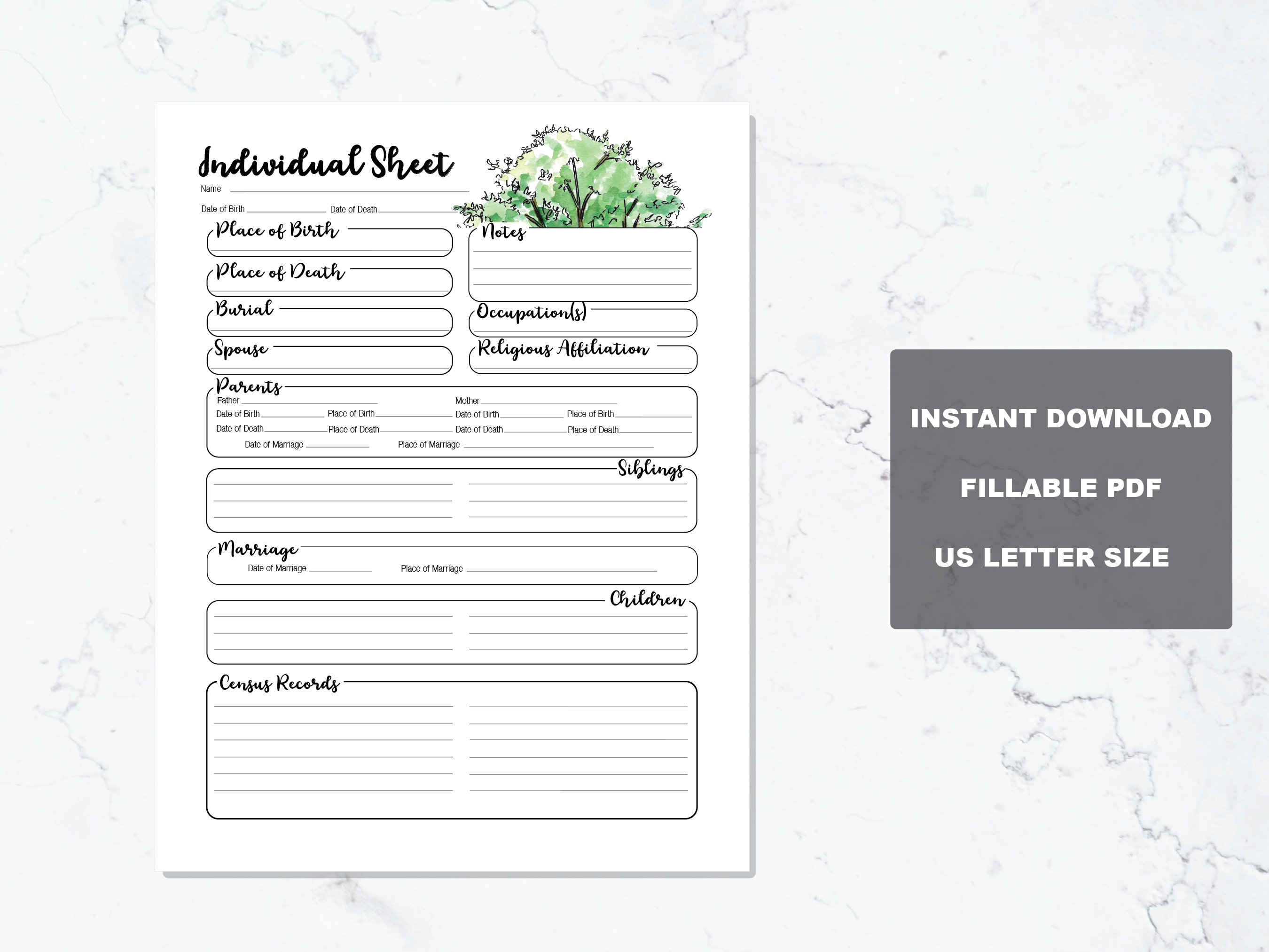 Individual Genealogy Worksheet | US Letter Size | Fillable PDF ...