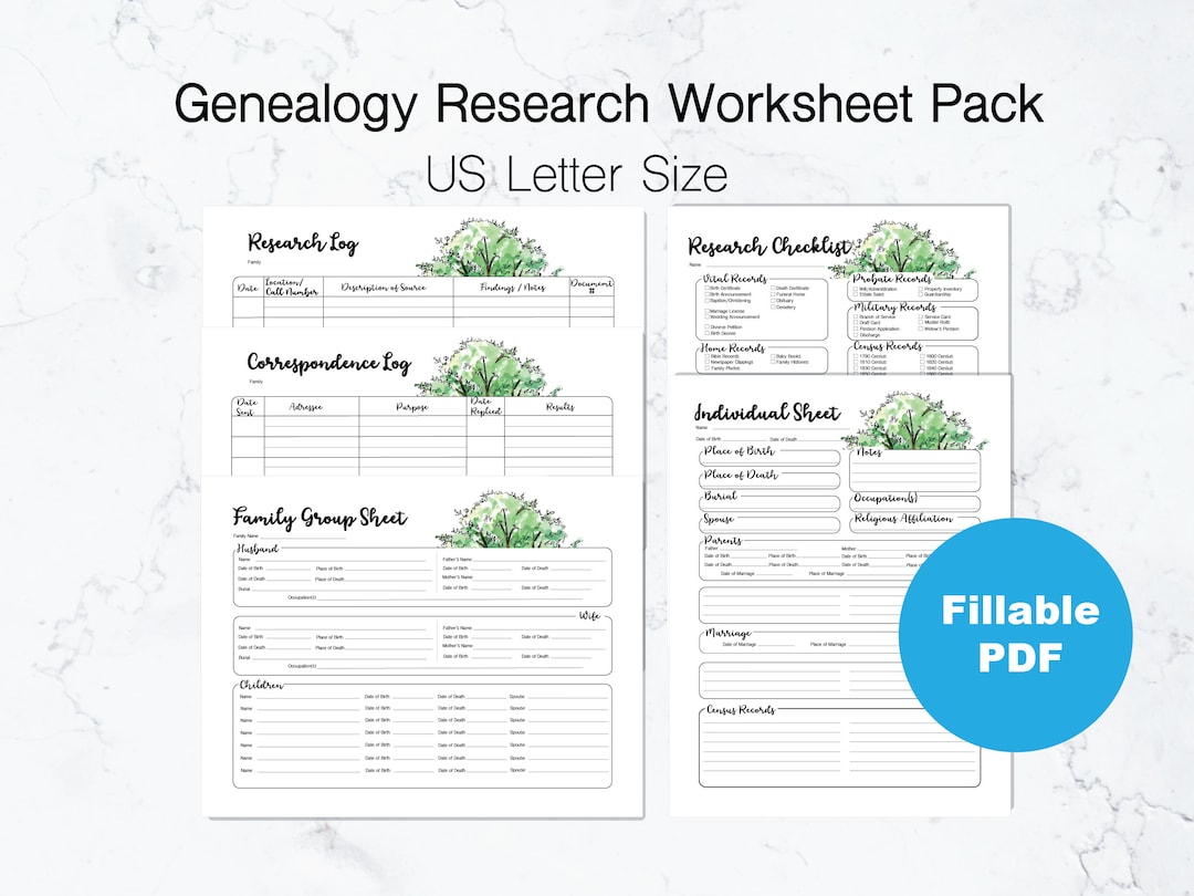 Genealogy Research Worksheet Pack | 5 Worksheets | US Letter Size ...