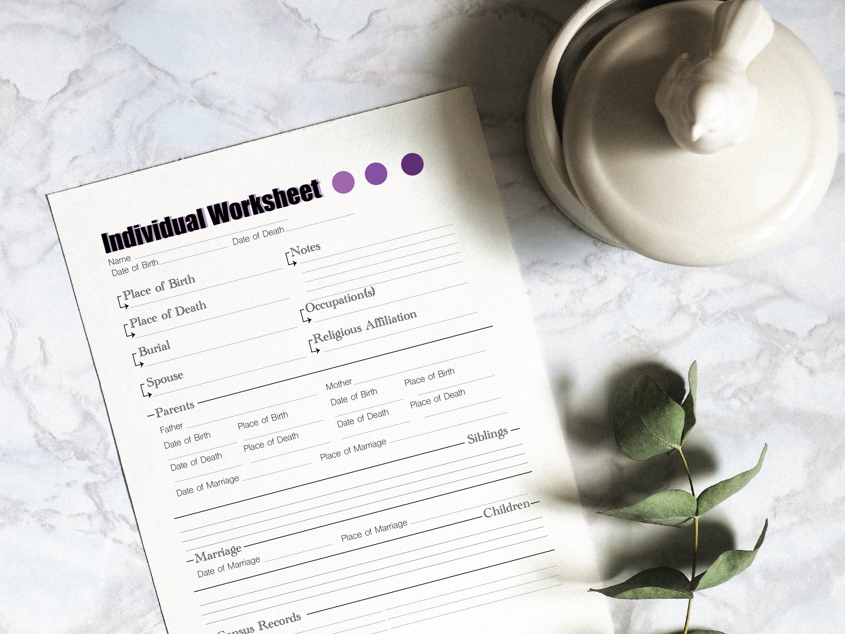 Individual Genealogy Worksheet | US Letter Size | Fillable PDF | 8 ...