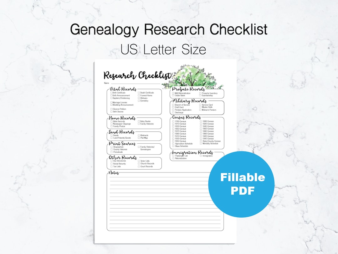 Genealogy Research Checklist | US Letter Size | Fillable PDF ...