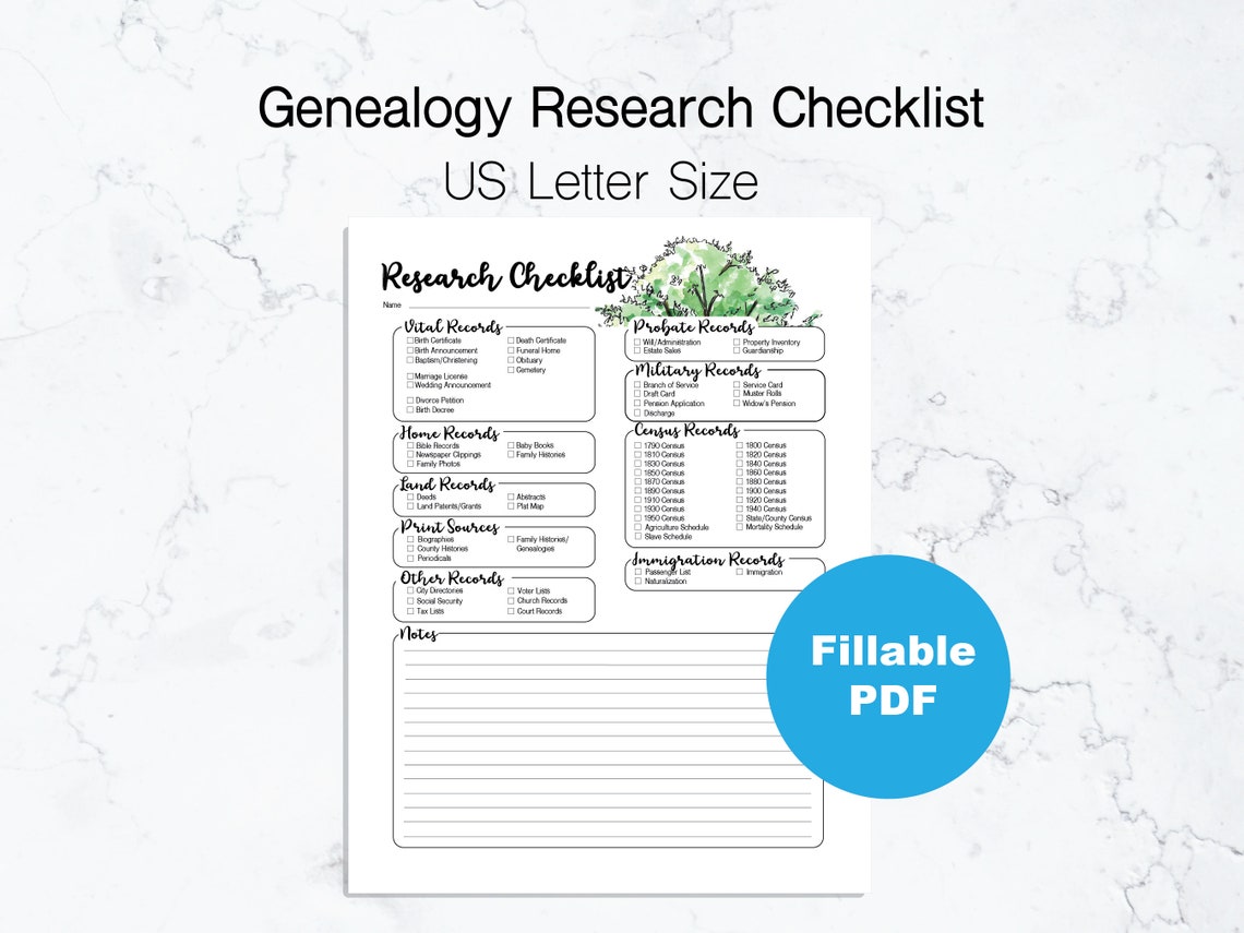 Genealogy Research Checklist | US Letter Size | Fillable PDF ...