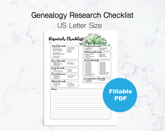 Useful Genealogy Checklist Fillable US Letter-sized Printable to Make ...