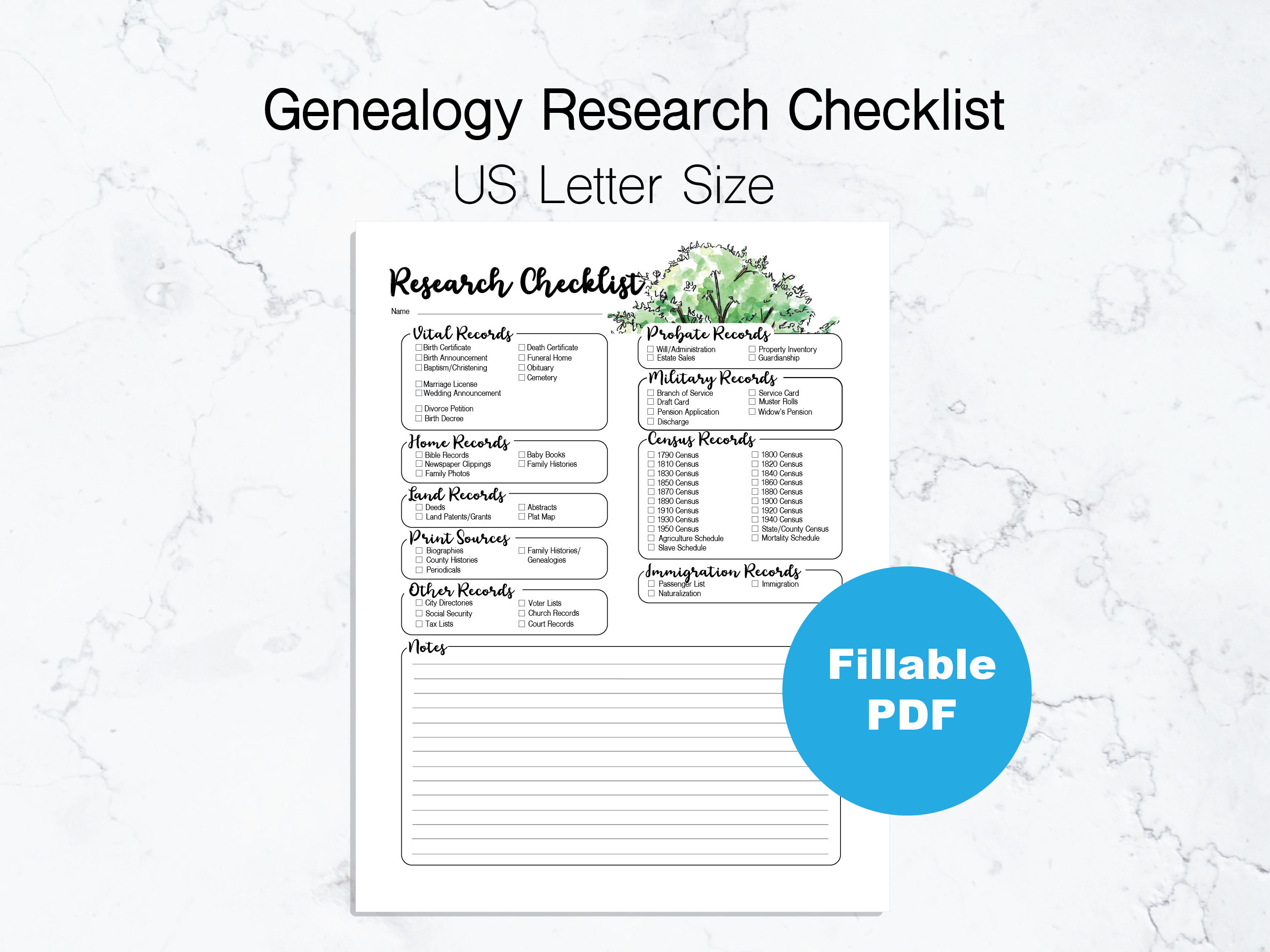 Genealogy Research Checklist | US Letter Size | Fillable PDF ...