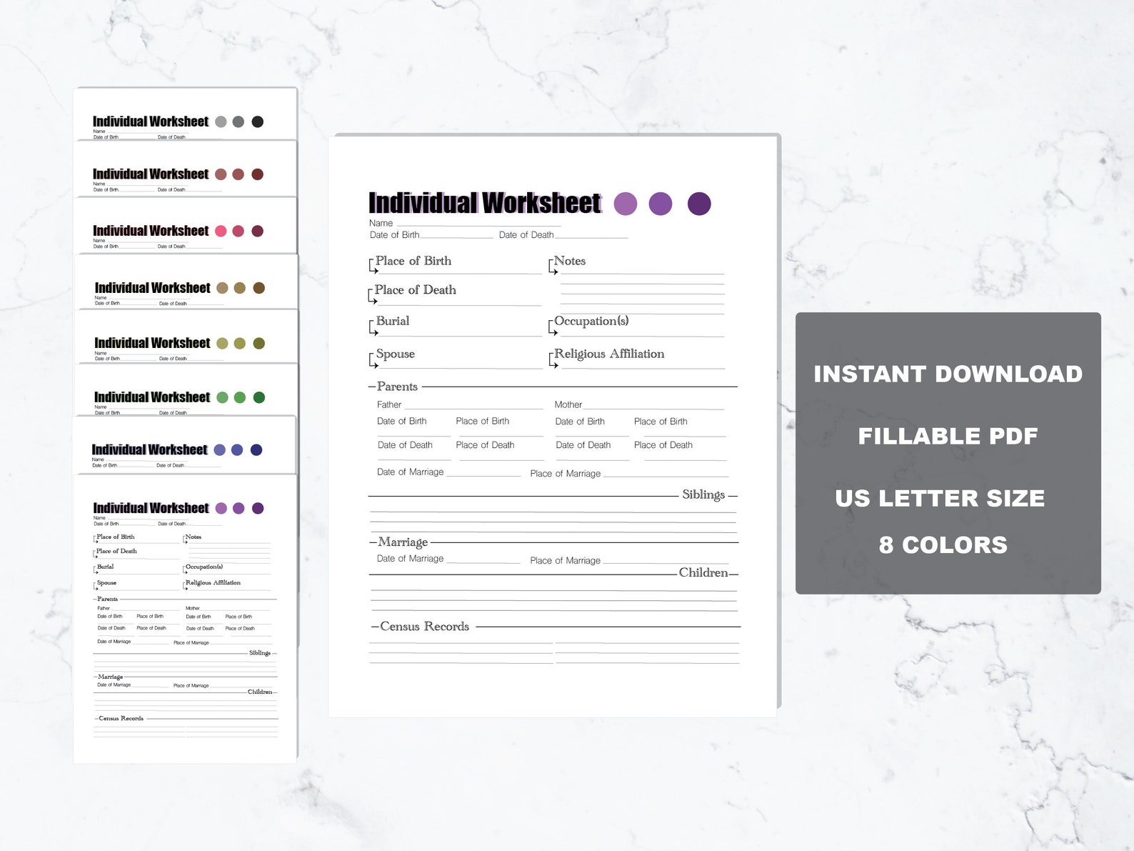 Individual Genealogy Worksheet | US Letter Size | Fillable PDF | 8 ...