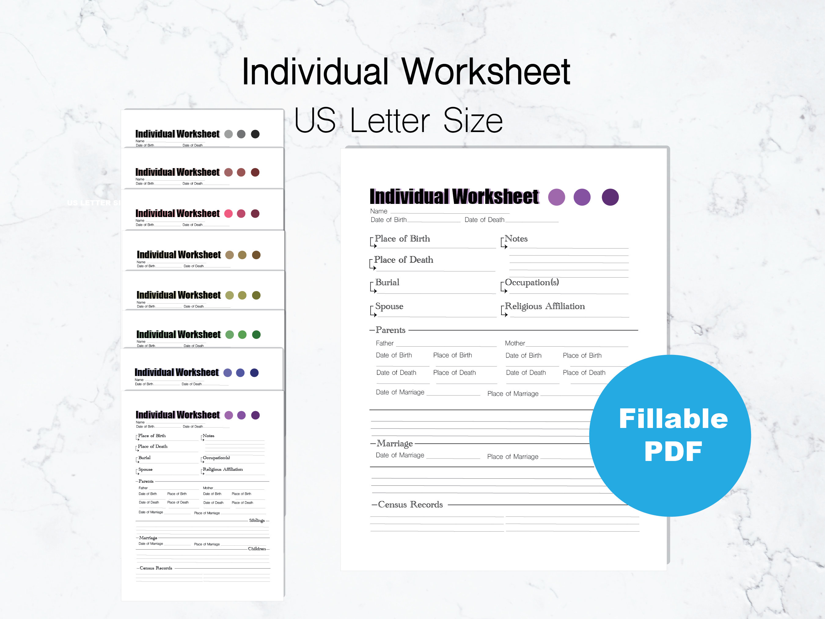 Individual Genealogy Worksheet | US Letter Size | Fillable PDF | 8 ...