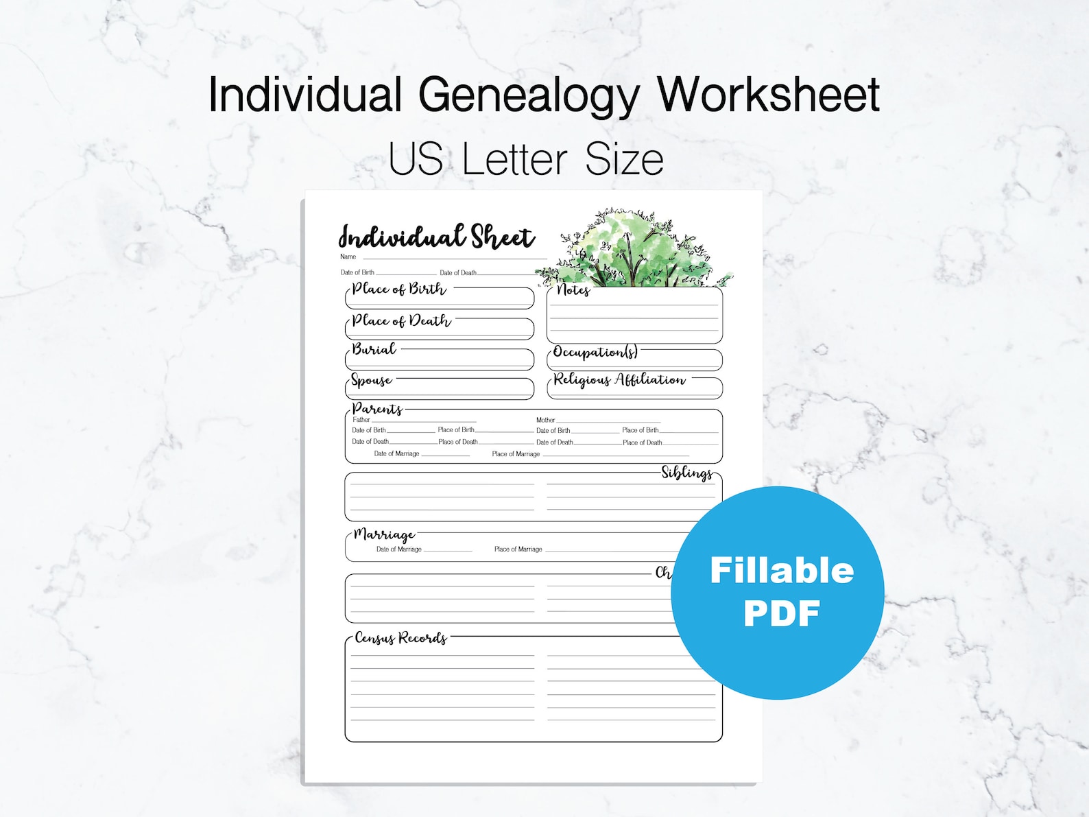 Individual Genealogy Worksheet | US Letter Size | Fillable PDF ...