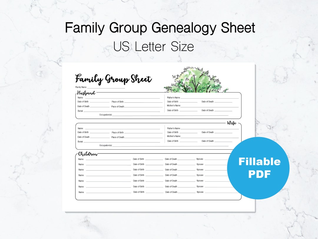 Family Group Genealogy Worksheet | US Letter Size | Fillable PDF ...