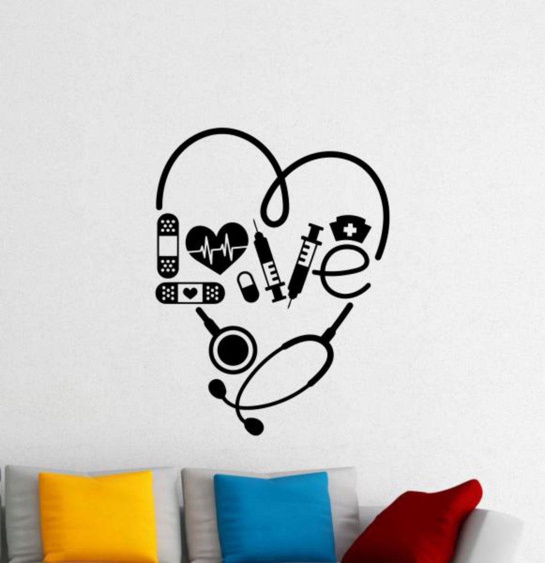 Nurse Wall Decal Vinyl Sticker Nurse Love Decor Stethoscope Doctor Heart Hospital Door Sign ...