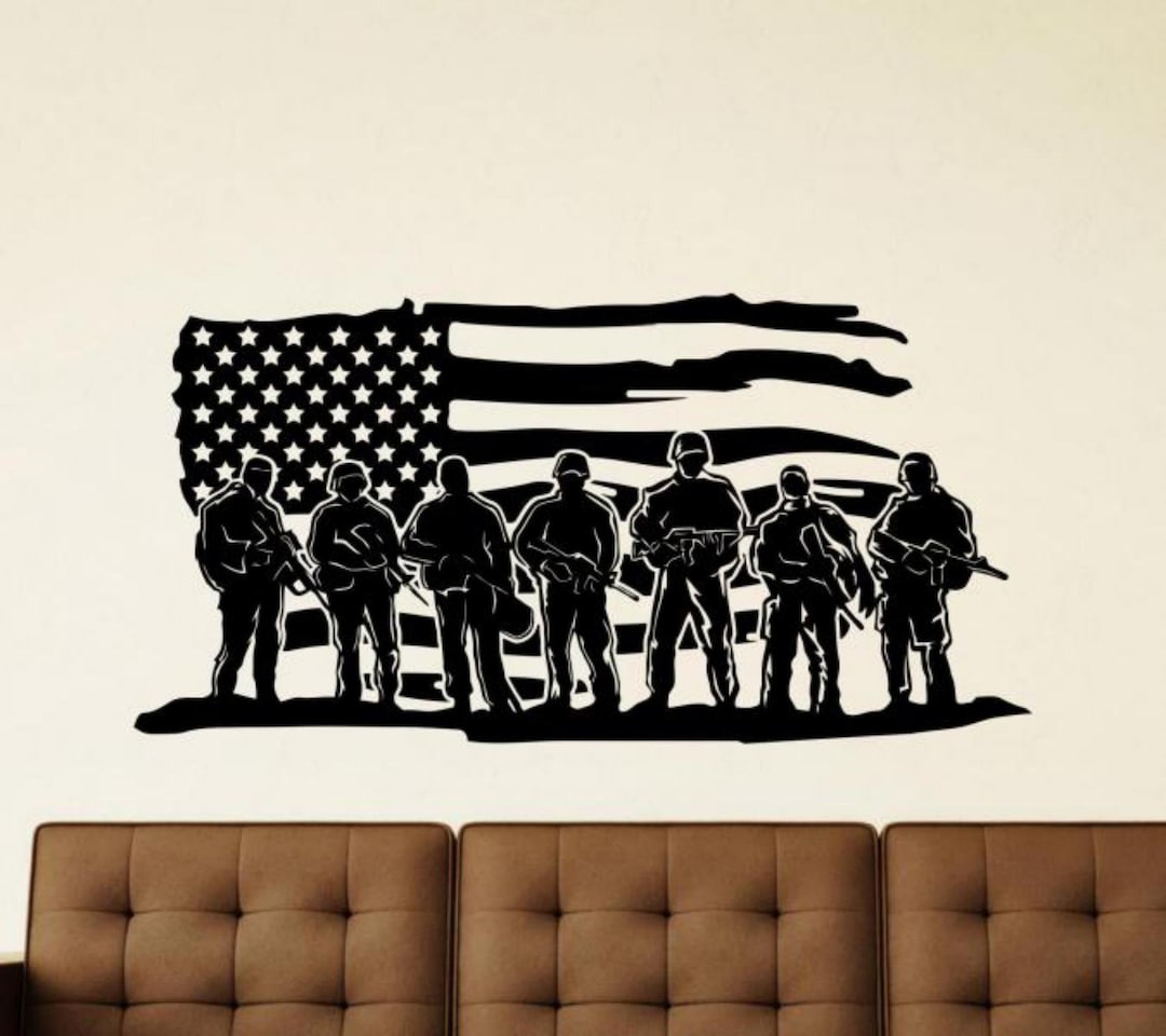 American Flag Soldiers Wall Decal Vinyl Sticker US Army Sign USA Flag ...